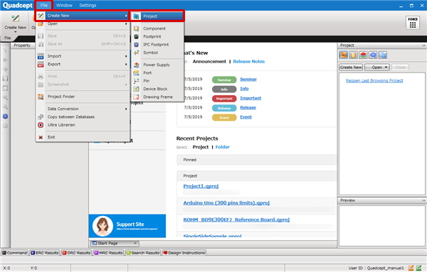Quadcept - Creating a New Project